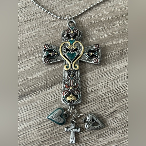 gantz | Accessories | Intricate Silver Cross Pendant With Heart Charms ...